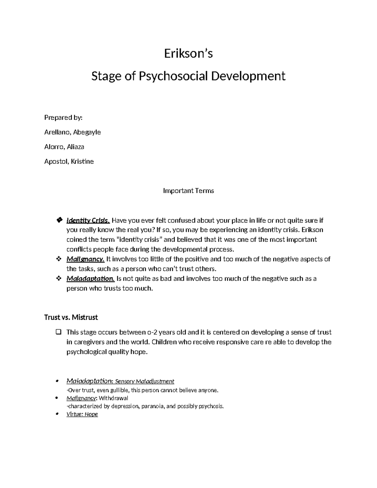 Handouts- Eriskons- Theory - Erikson’s Stage of Psychosocial ...