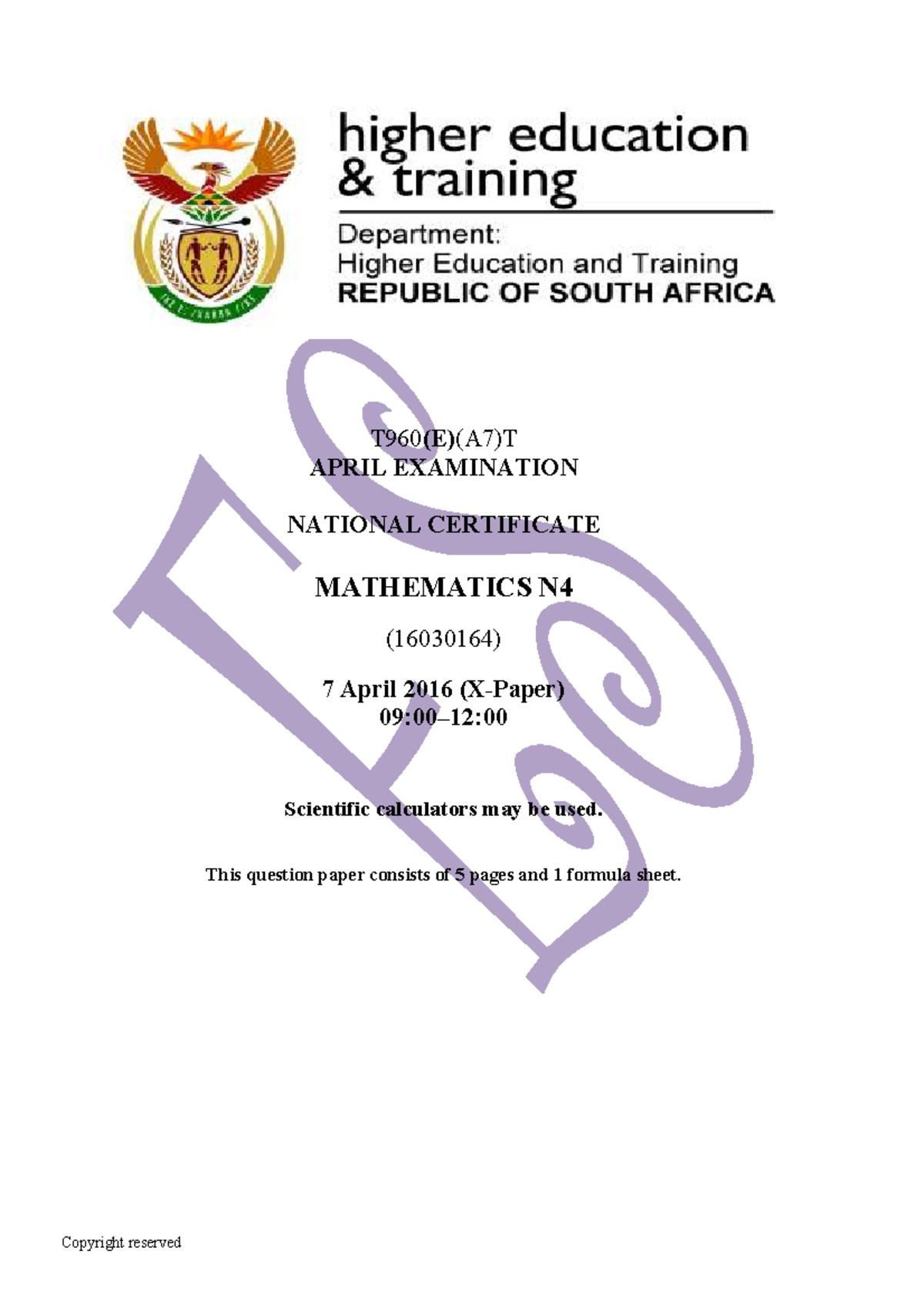 (16030164) N4 Mathematics April 2016 Exam Paper - Studocu