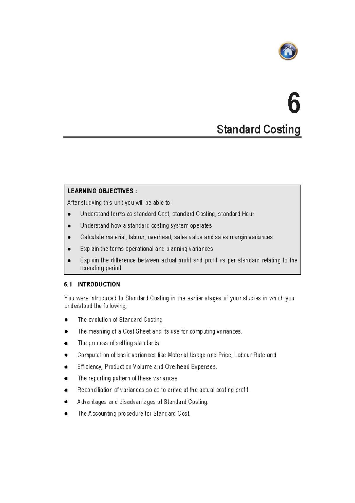 7. Chapter 6 - Standard Costing - 6 Standard Costing LEARNING ...