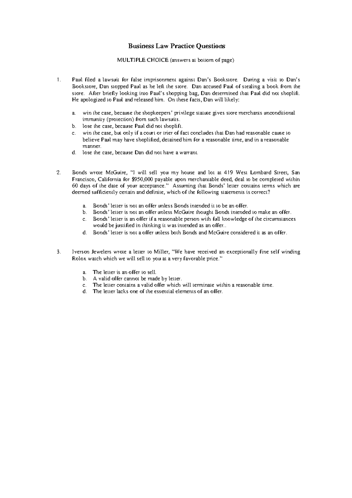 Blp mcq sample - MCQ for business law - Business Law Practice Questions ...