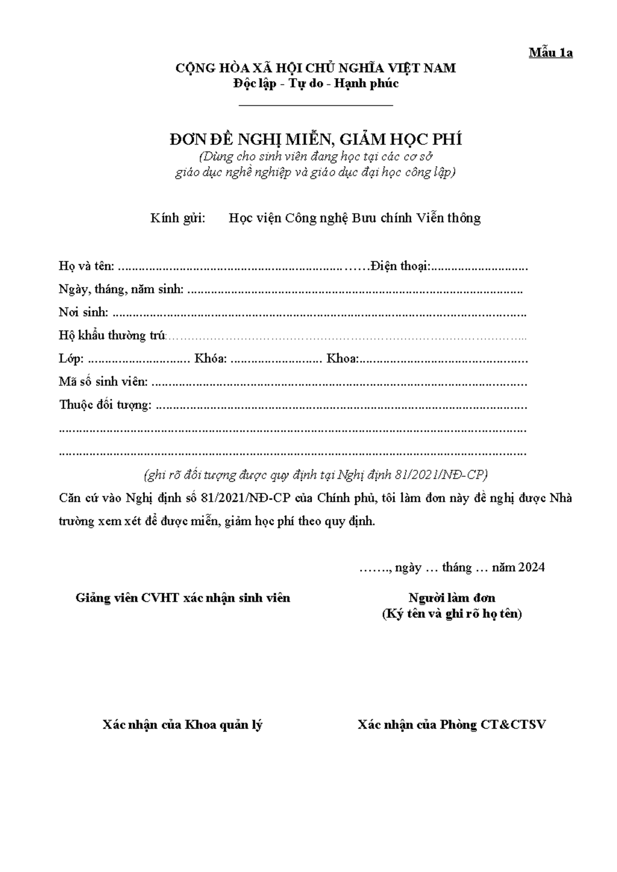 Mẫu Đơn Miễn Giảm Học Phí - Học viện Công nghệ Bưu chính Viễn thông ...