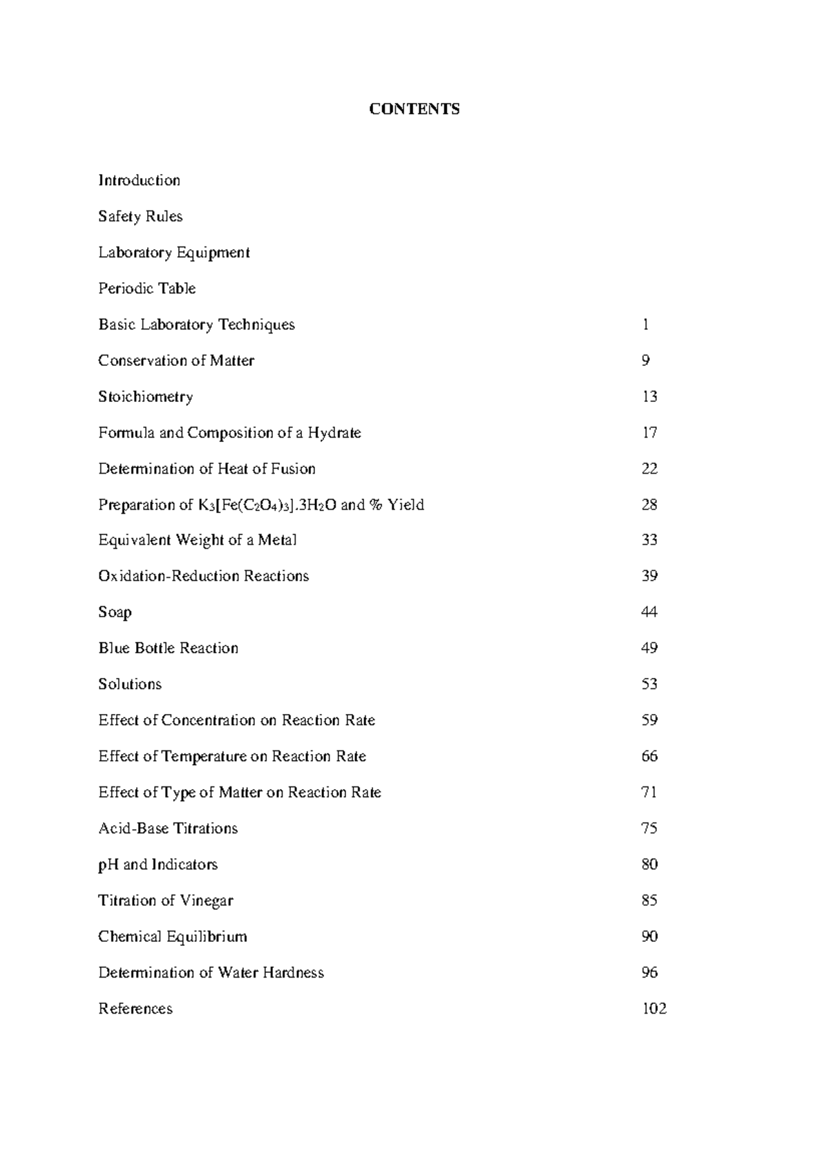 General Chemistry Laboratory Experiments - CONTENTS Introduction Safety ...