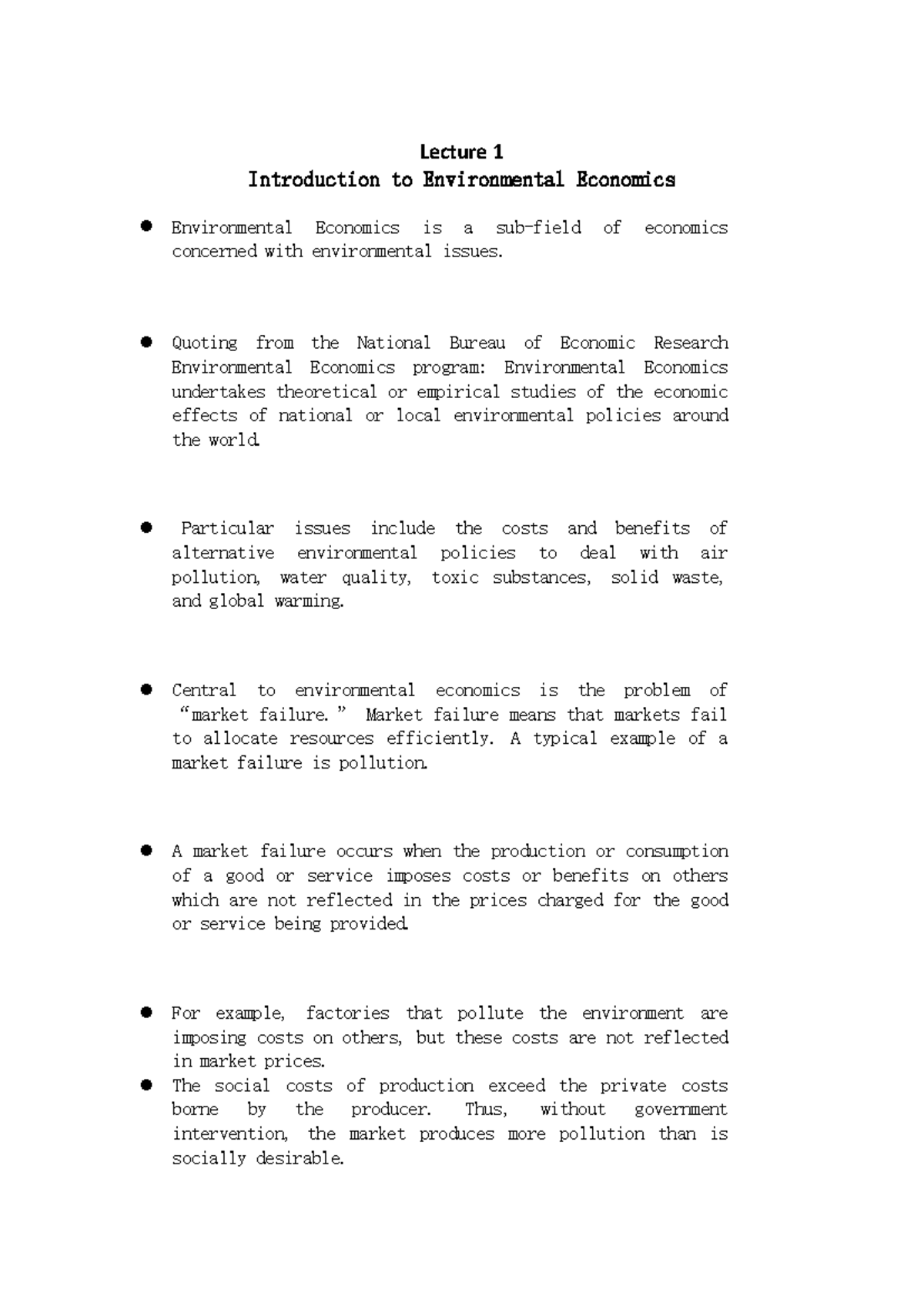Lecture 1: Intro to Environmental Economics (ENV 101) - Studocu
