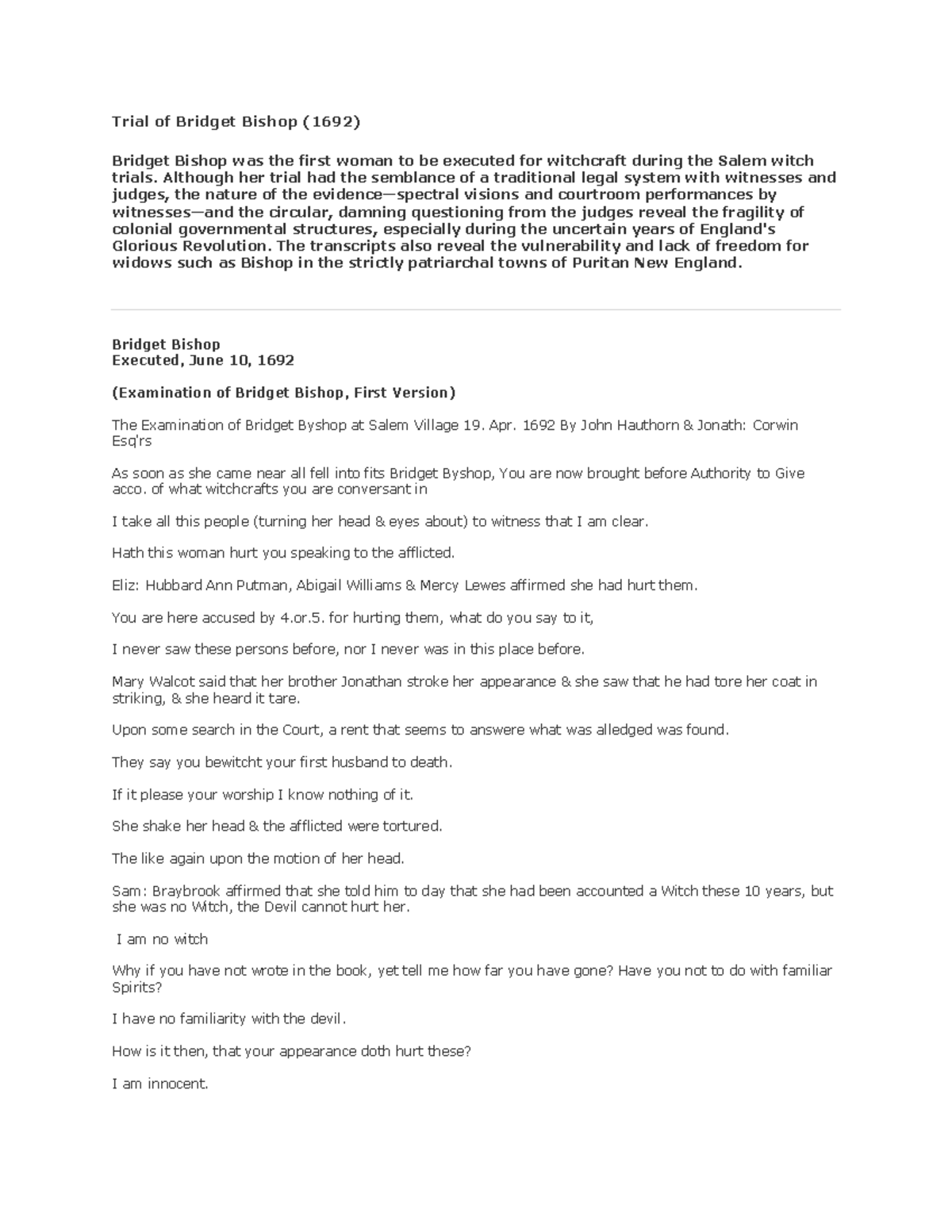 Indictment and Trial of Bridget Bishop (1692) - Salem Witch Trials ...