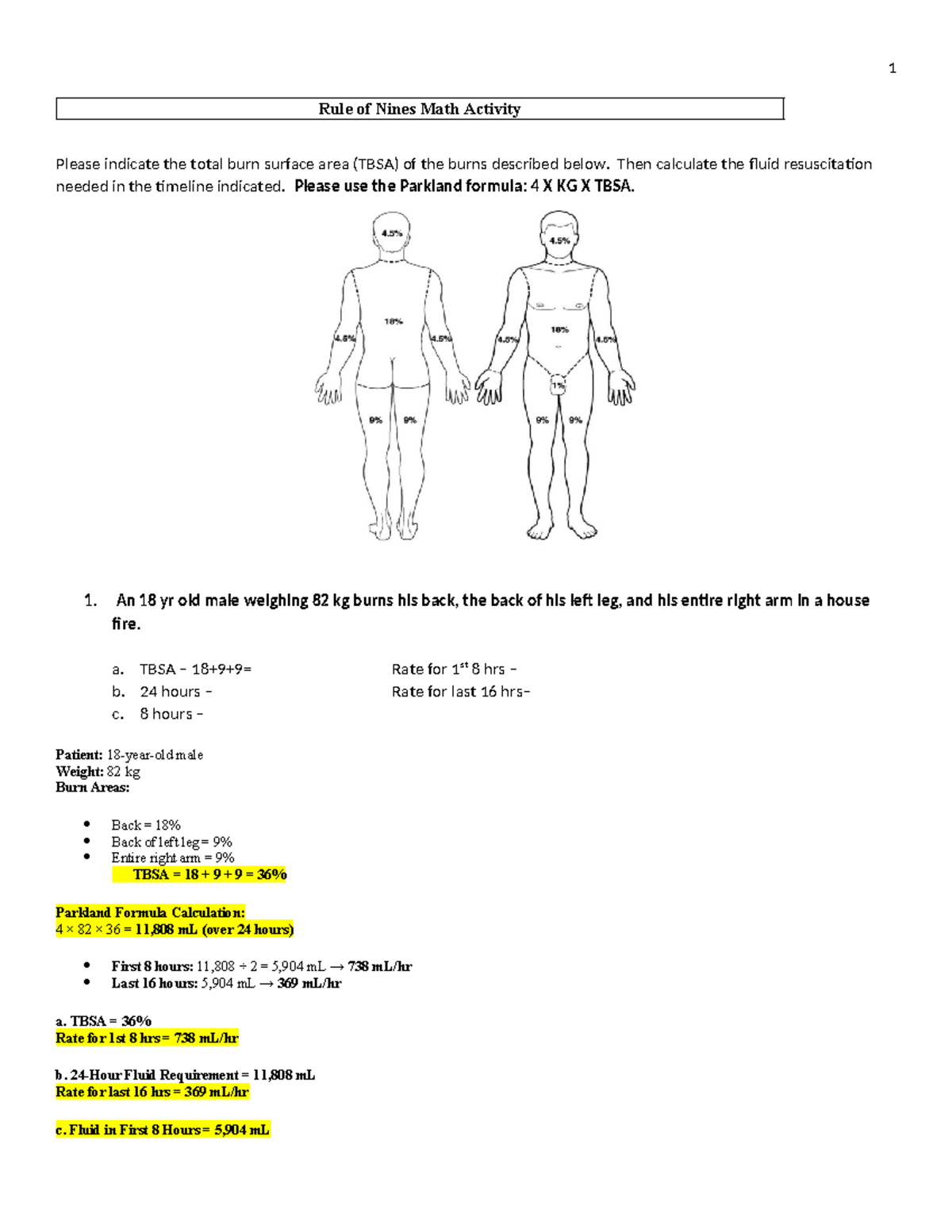 NUR 265L Rule of Nines Math Activity - Fluid Resuscitation Calculations ...