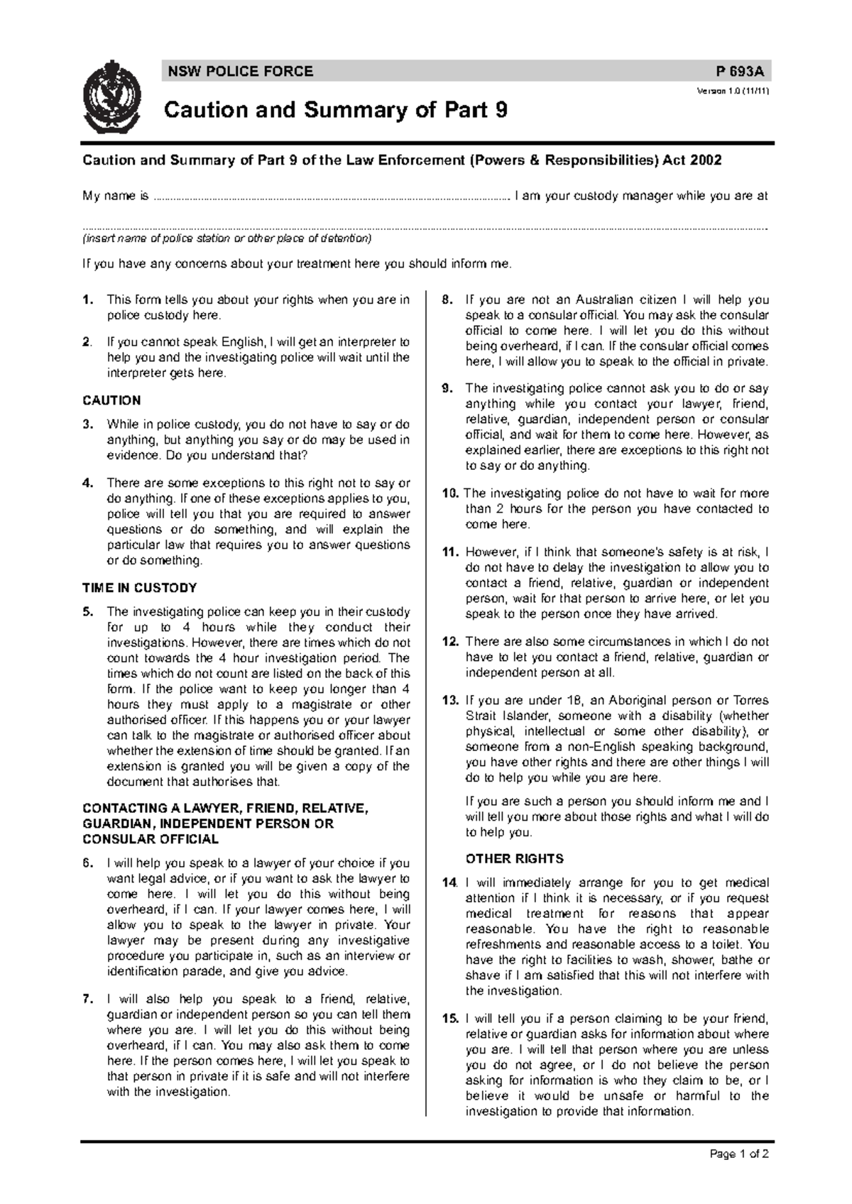 NSW Police Caution & Summary - Law Enforcement Pt 9 Overview - Studocu