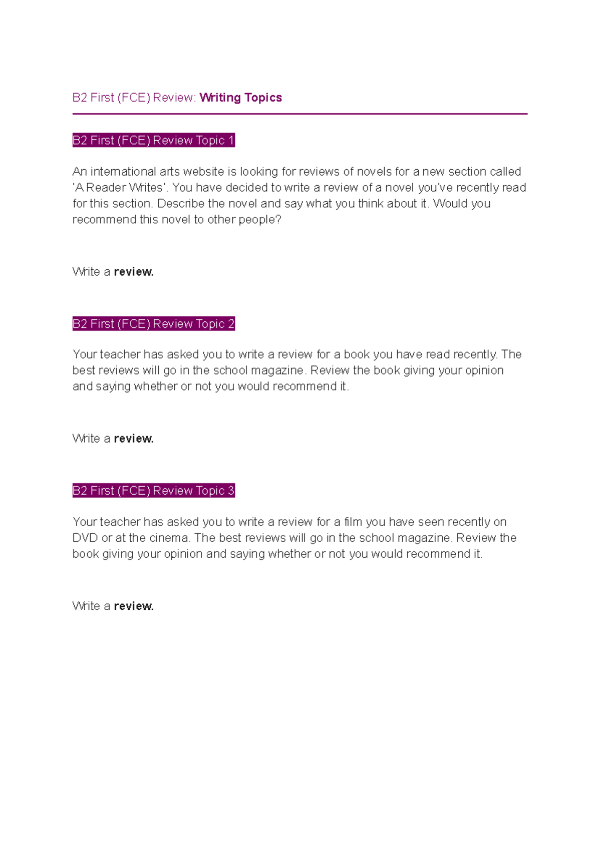 B2 First (FCE) Review: Writing Topics & Guidelines for Success - Studocu