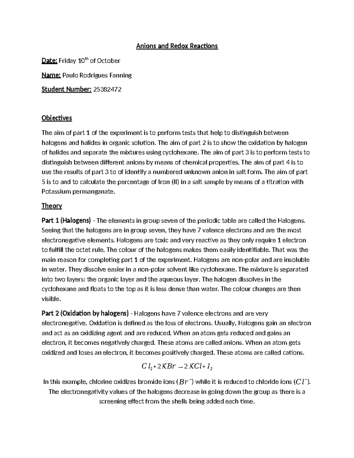 Chemistry Lab Report: Anions & Redox Reactions (CHEM 101) - Studocu