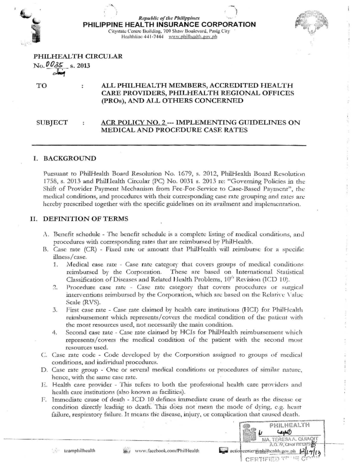 PhilHealth Circular 35 s. 2013: Implementing Guidelines on Medical Case ...