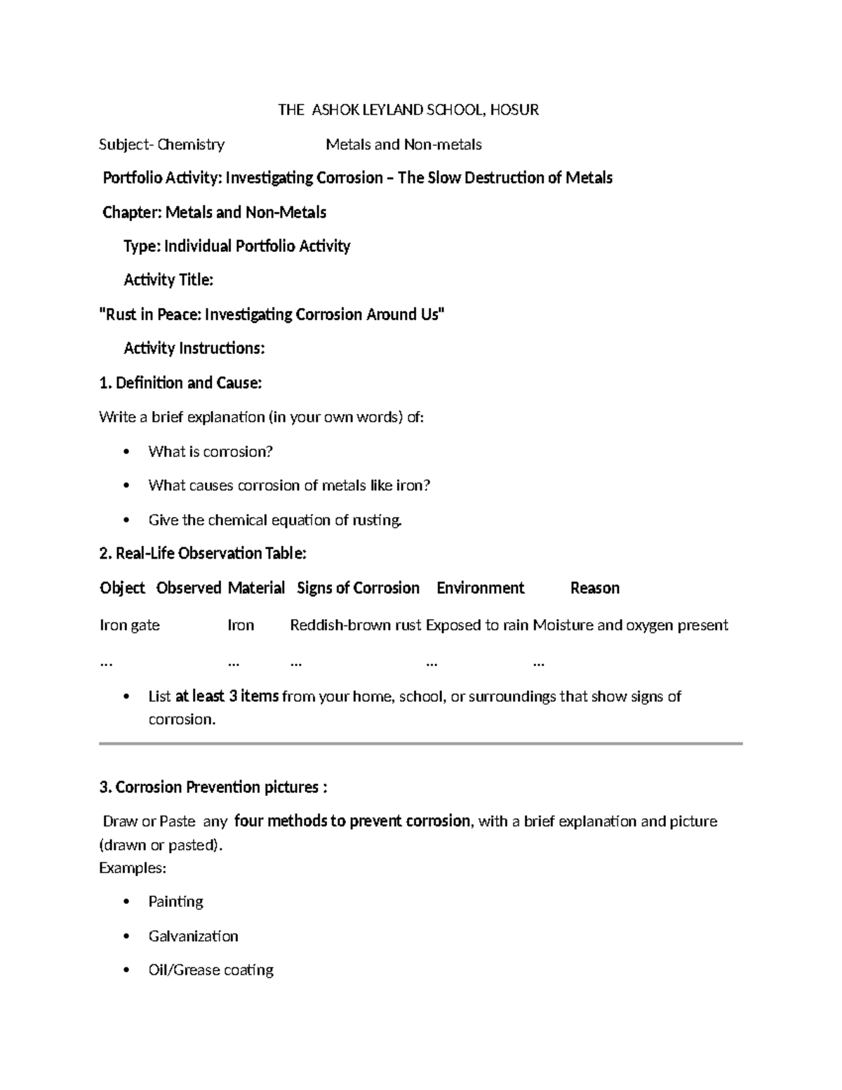 Class 10 Portfolio Activity: Investigating Corrosion in Metals - Studocu