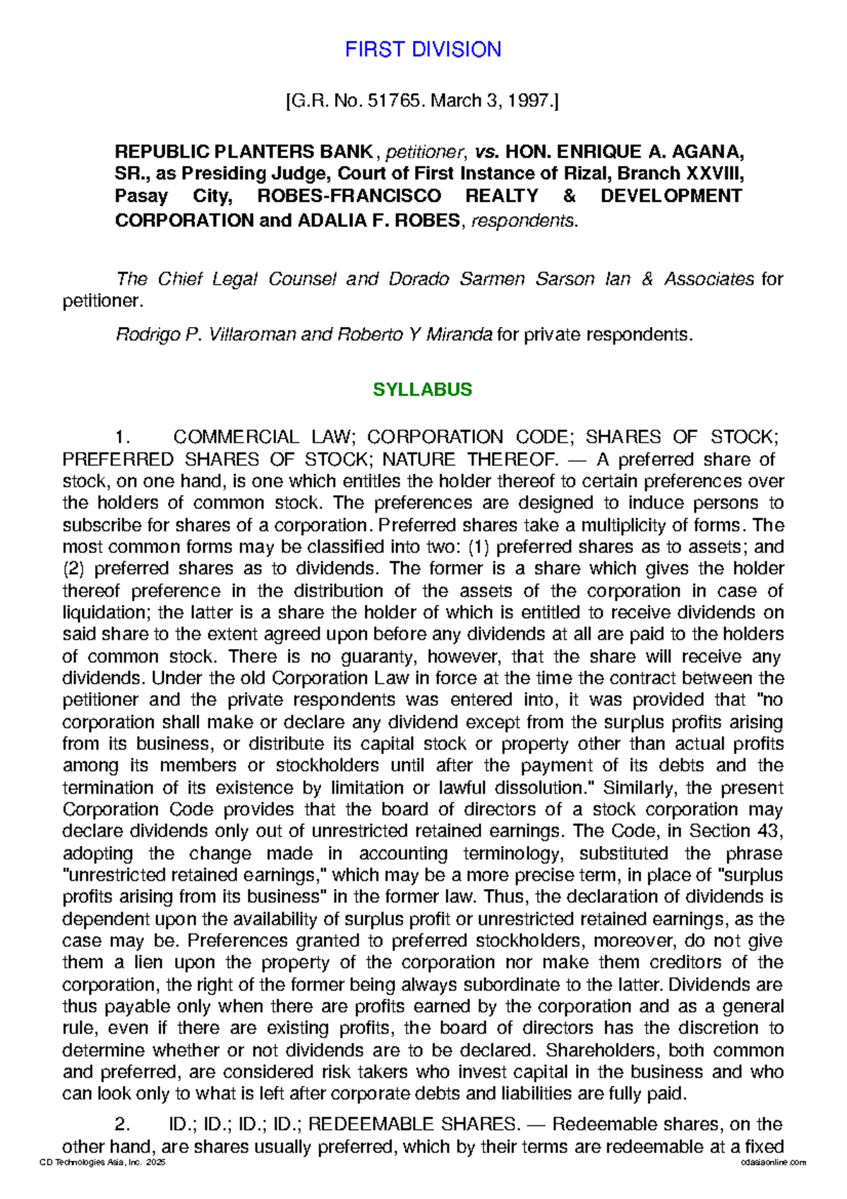 Republic Planters Bank v. Agana, Sr. - Case Analysis on Preferred ...