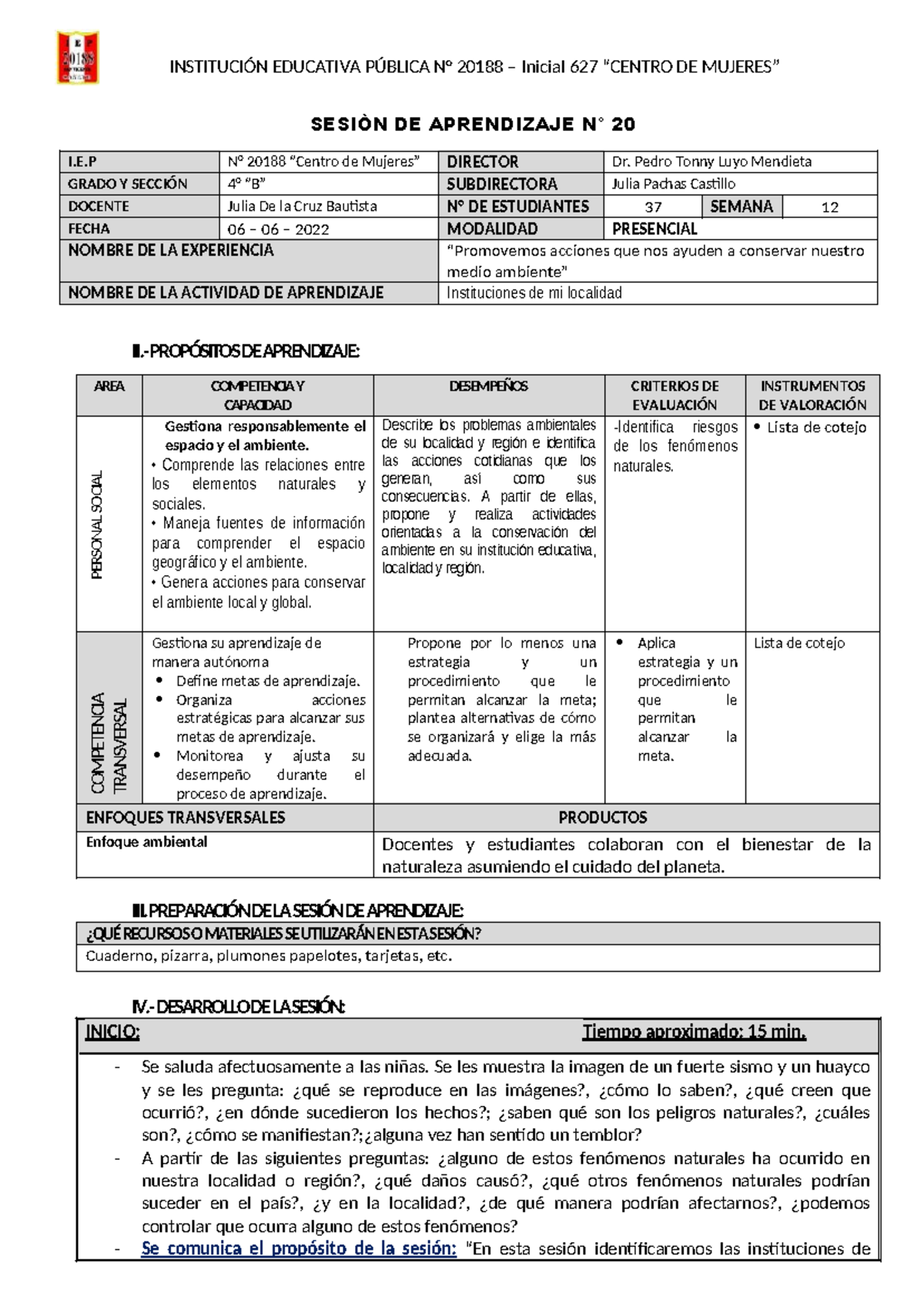 I.E.P. 20188 Inicial 627 - Sesión de Aprendizaje sobre Conservación ...