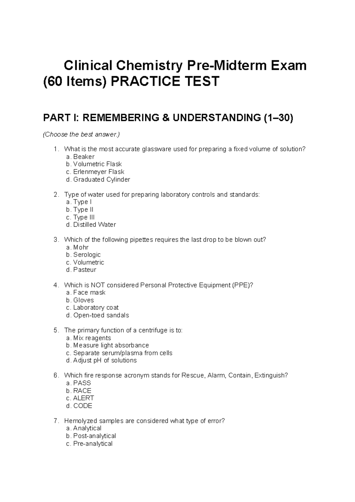 Clinical Chemistry Pre-Midterm Exam (60 Items) Practice Test - Studocu