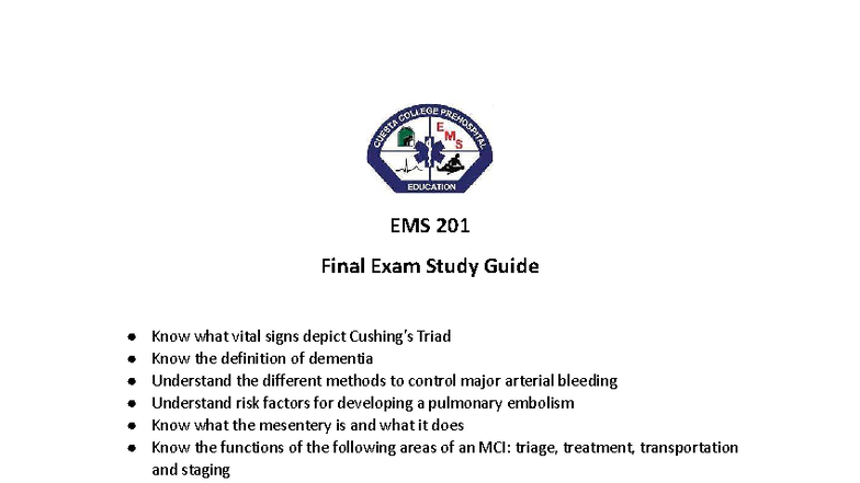 EMS 201 Final Exam Study Guide: Key Concepts & Vital Signs - Studocu