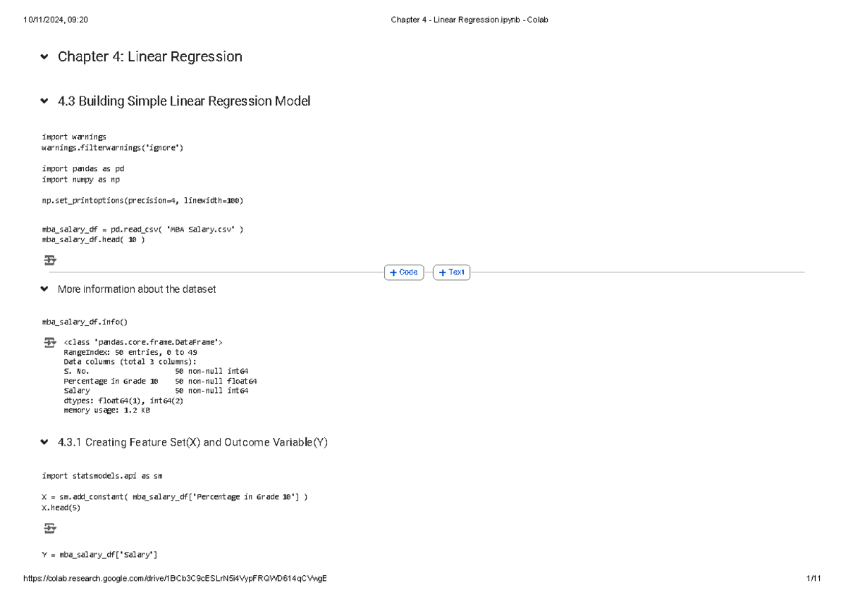 Chapter 4 - Linear Regression.ipynb - Colab - Chapter 4: Linear Regression 4 Building Simple ...