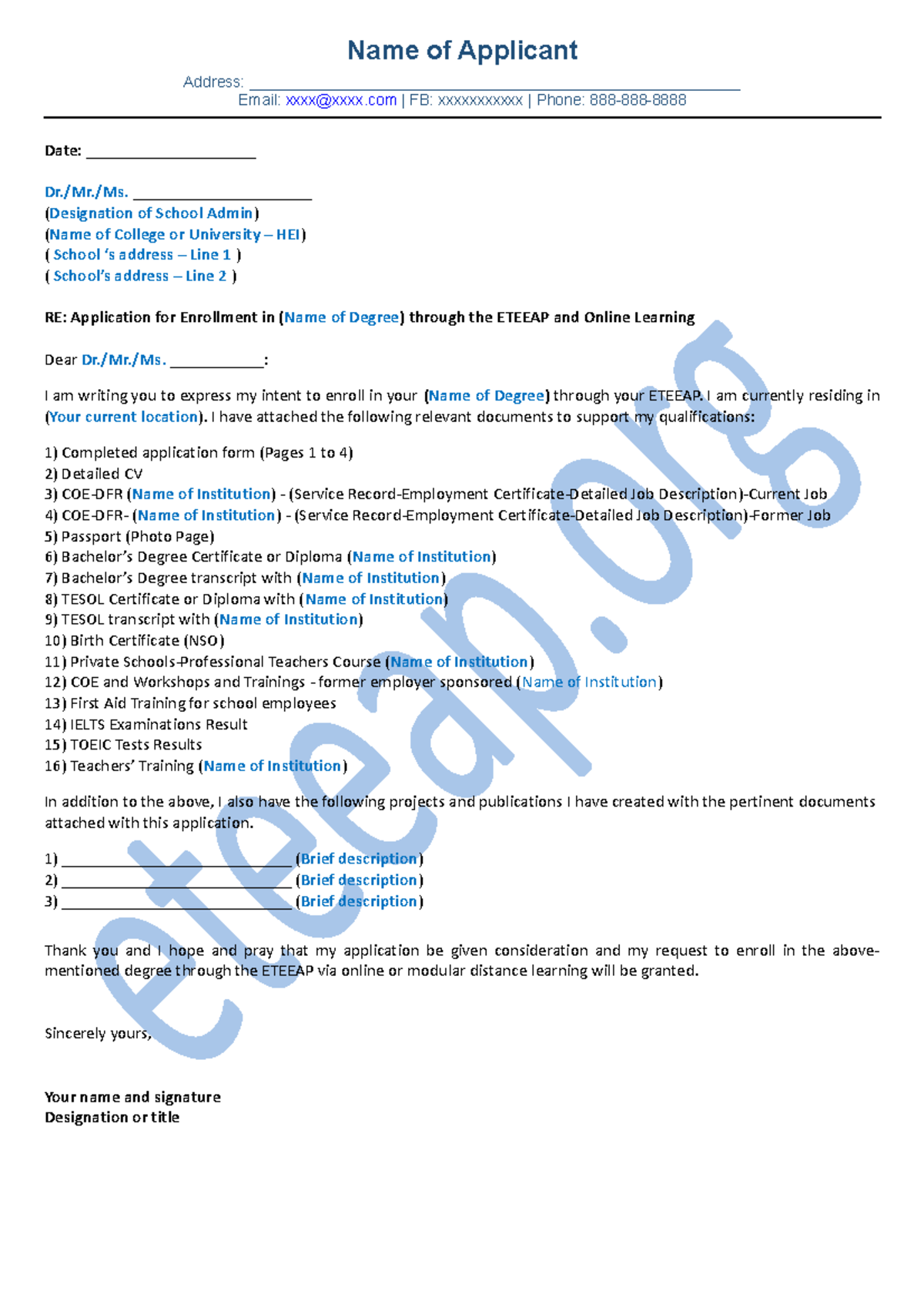 ETEEAP Application Letter for Enrollment in Degree Program - Studocu