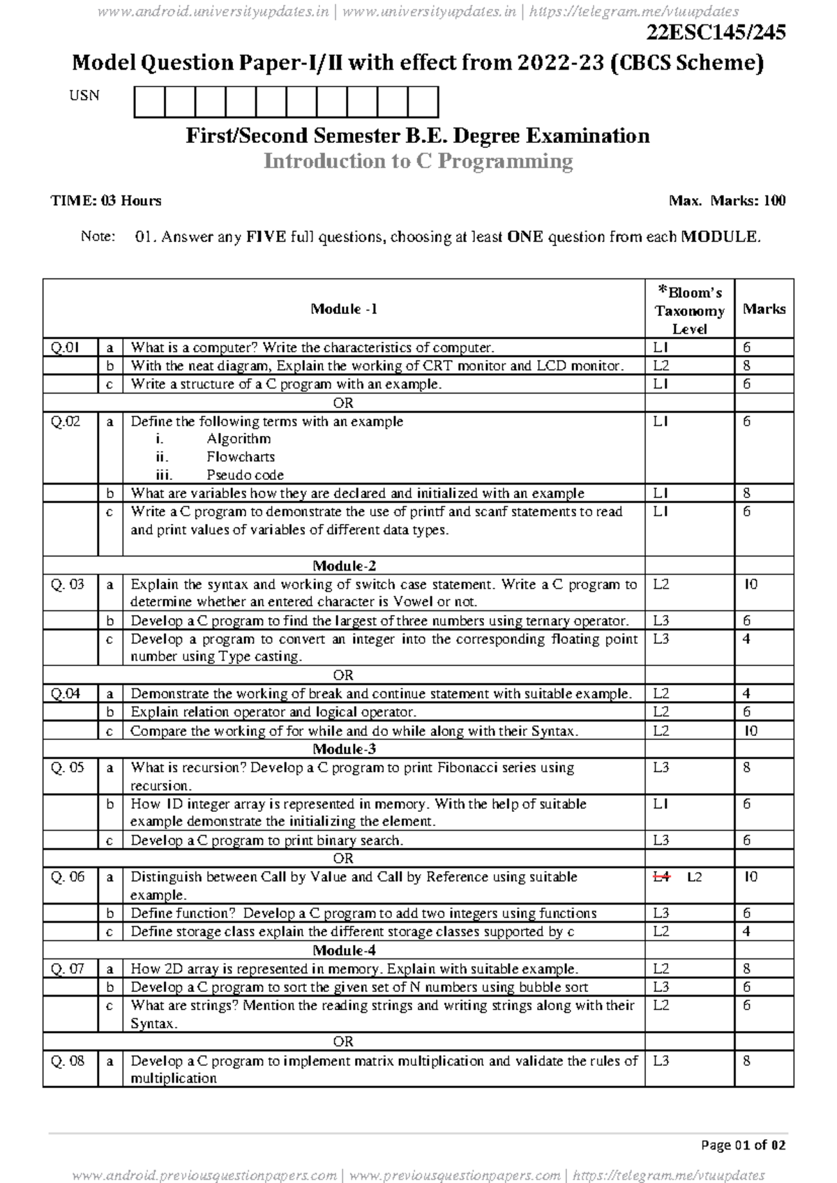 Model Question Paper for C Programming (CBCS Scheme) - B.E. Exam - Studocu