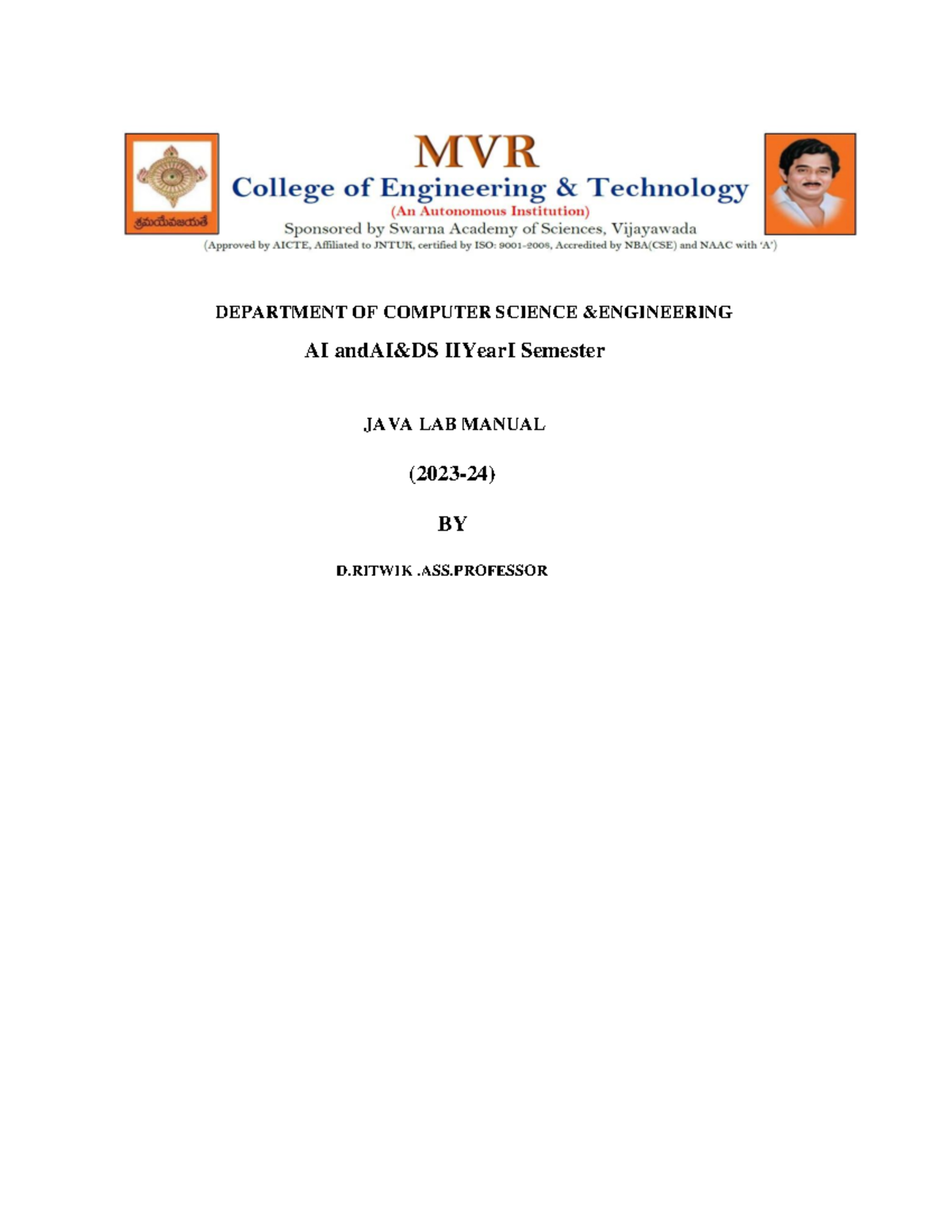 JAVA LAB MANUAL - AI II Year I Sem - D. Ritwik - Studocu