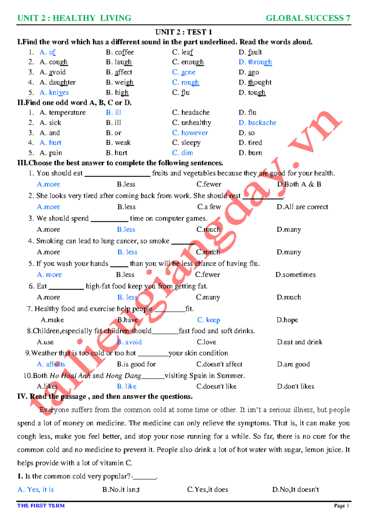 GLOBAL SUCCESS 7 UNIT 2: HEALTHY LIVING TEST 1 - Studeersnel