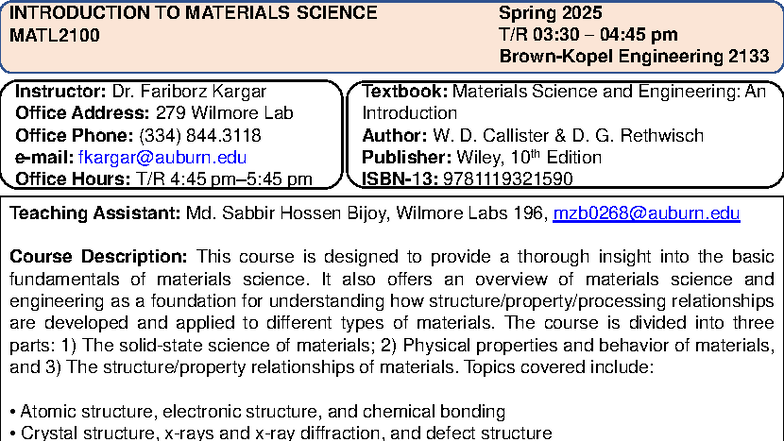 MATL2100 Syllabus: Introduction to Materials Science - Spring 2025 ...