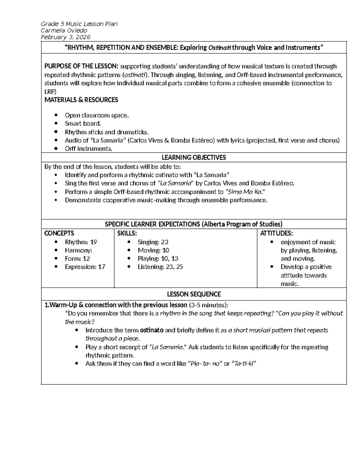 Grade 5 Music Lesson Plan: Exploring Ostinati with Carmela Oviedo - Studocu