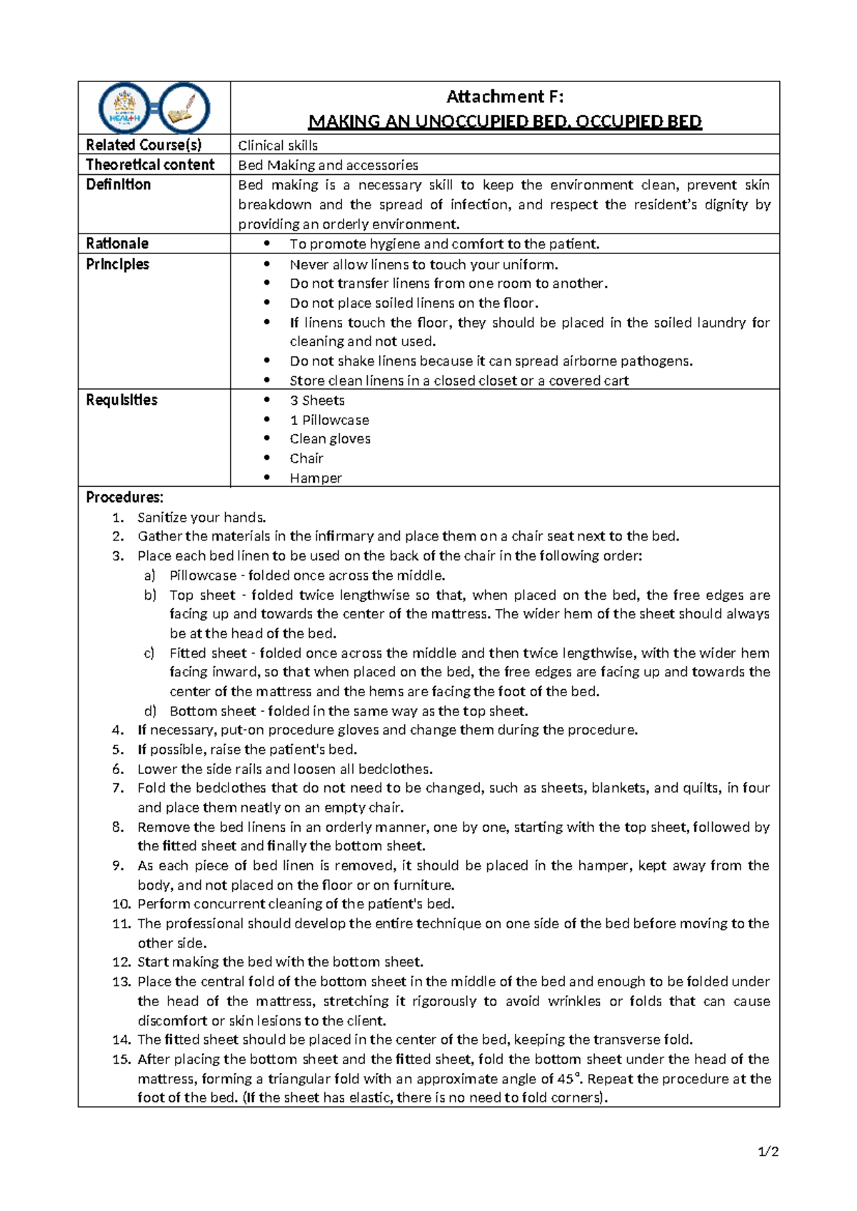 Clinical Skills: Bed Making Procedures for Occupied and Unoccupied Beds ...