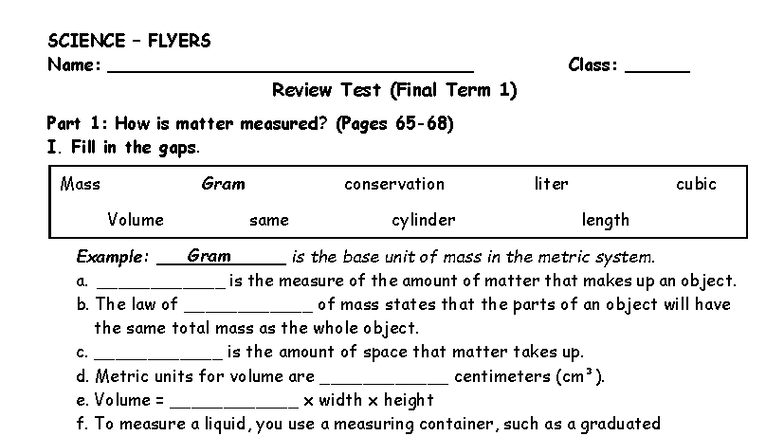 Science 5 - Review Test (Final Term 1) on Matter and Mixtures - Studocu
