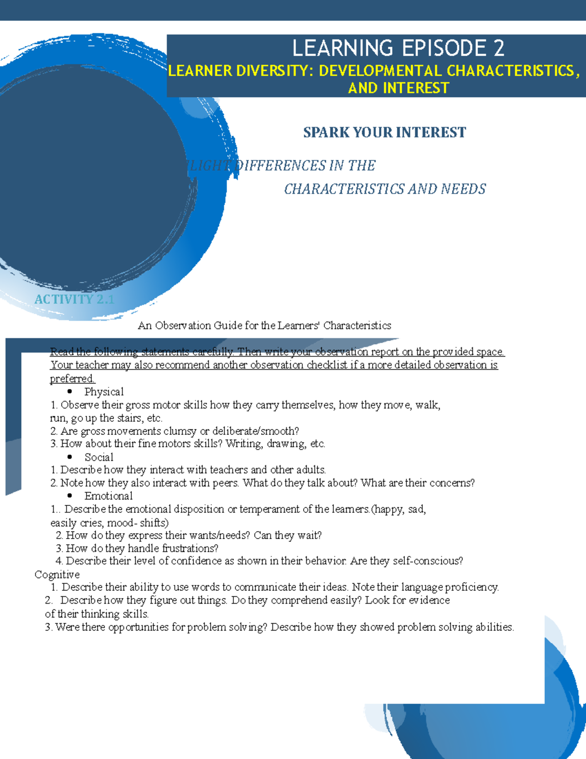 FS-1: Episode 2 - Understanding Learner Diversity and Development - Studocu