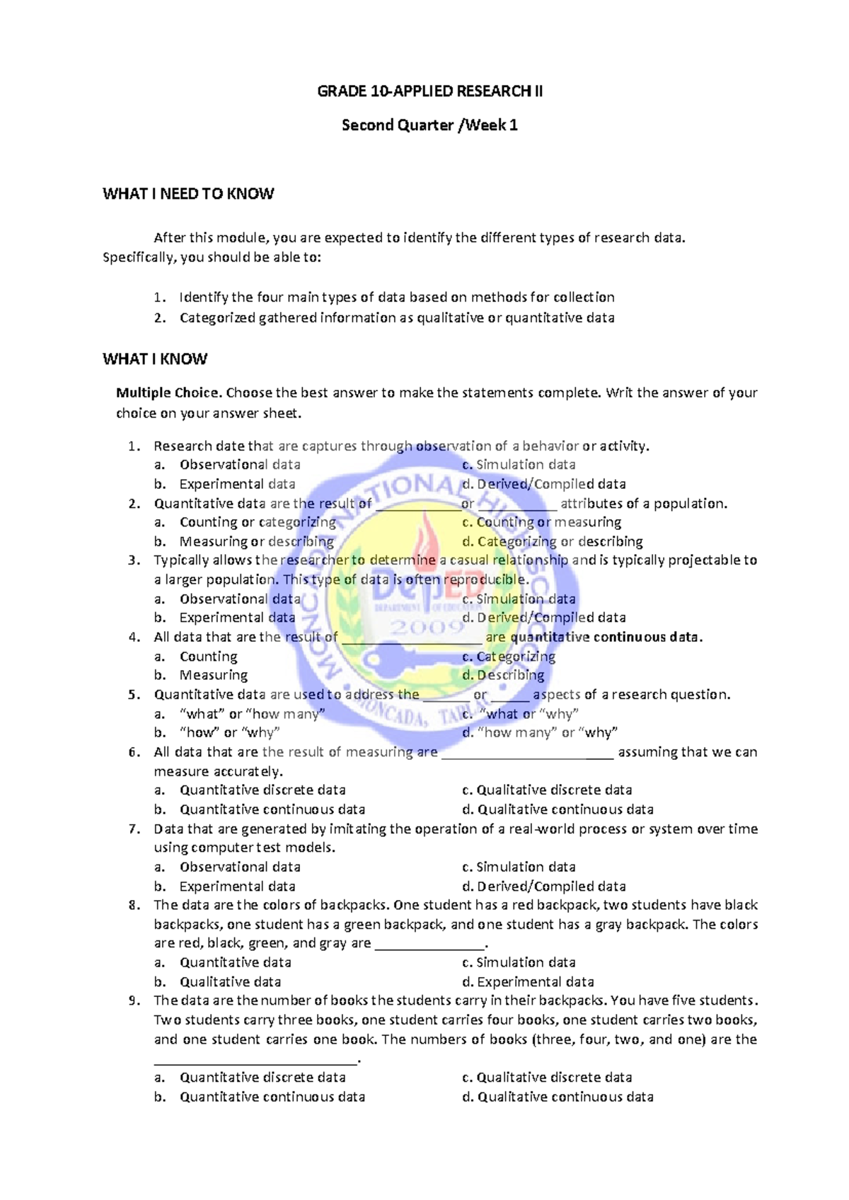 Practical Research Grade 10 Module 1 (Practice Materials) - GRADE 10 ...