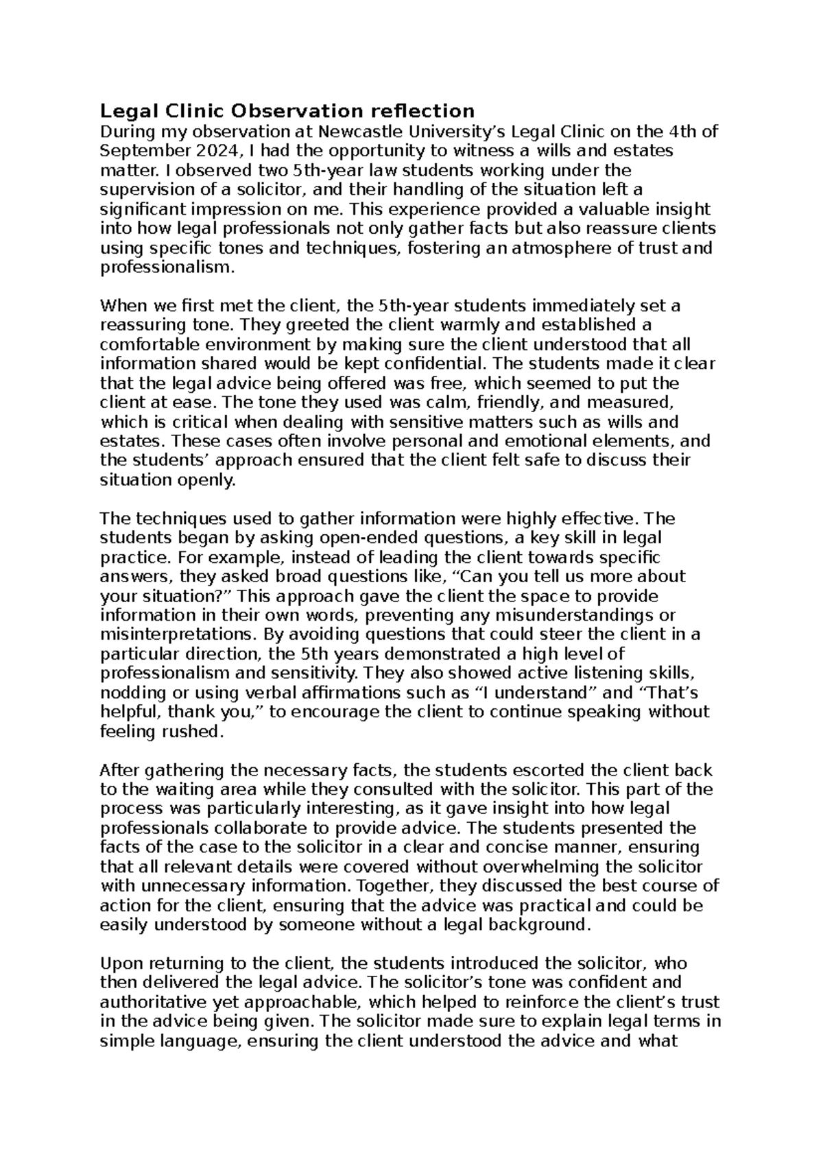 Legal Clinic Observation reflection - I observed two 5th-year law ...