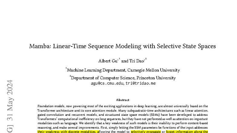 Mamba: Selective State Space Models for Sequence Learning (ML 101 ...