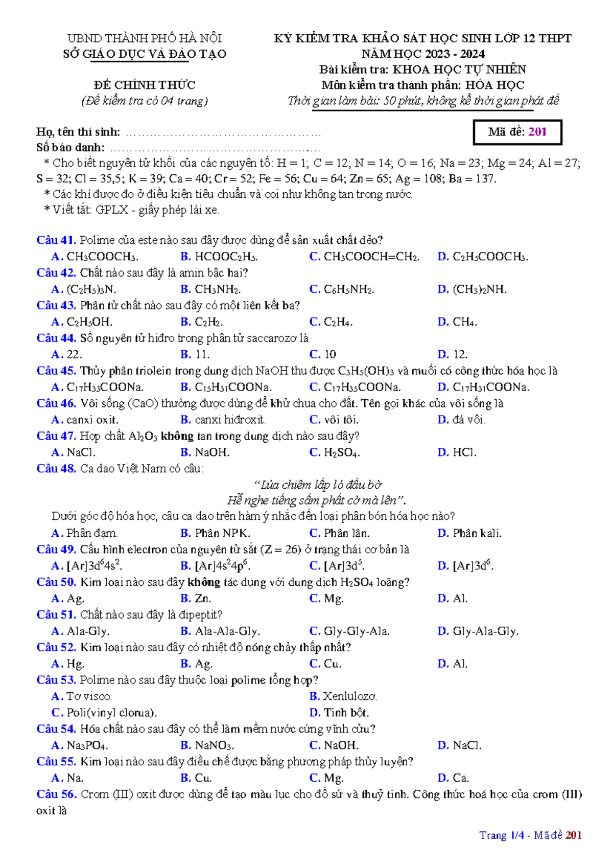 Đề Kiểm Tra Khảo Sát Học Sinh Lớp 12 - Hóa Học Năm Học 2023-2024 - Studocu