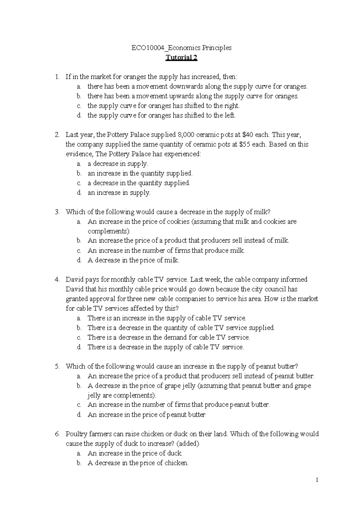 ECO10004 Tutorial 2 - ECO10004_Economics Principles Tutorial 2 If in ...