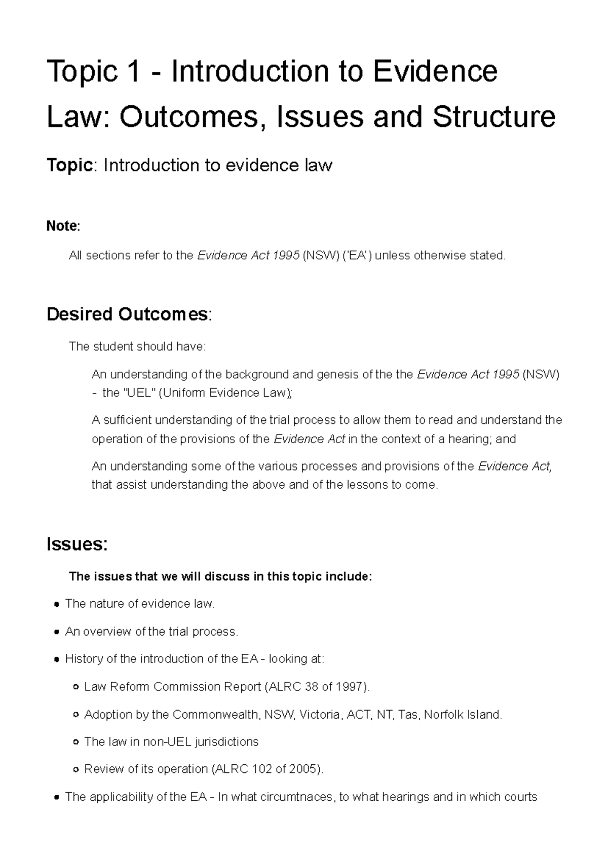 Topic 1: Intro to Evidence Law - Outcomes & Key Issues (Evidence Act ...