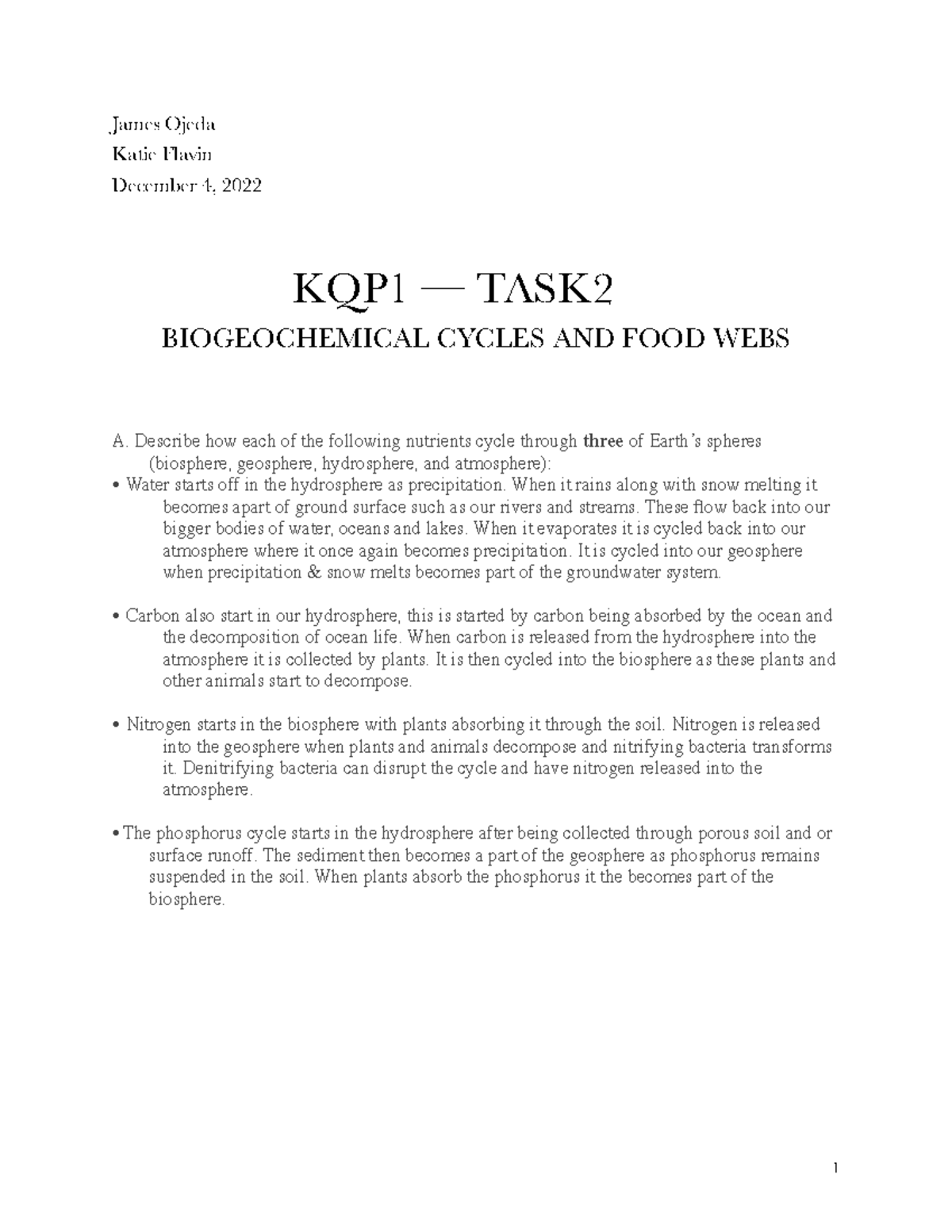 KQP1 TASK2 - Biogeochemical Cycles & Food Webs Analysis - Studocu
