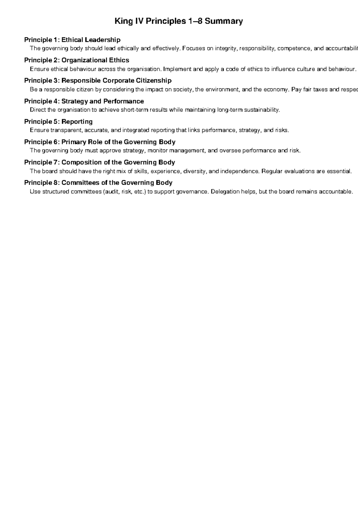 King IV Principles 1-8 Overview Summary for Governance Studies - Studocu