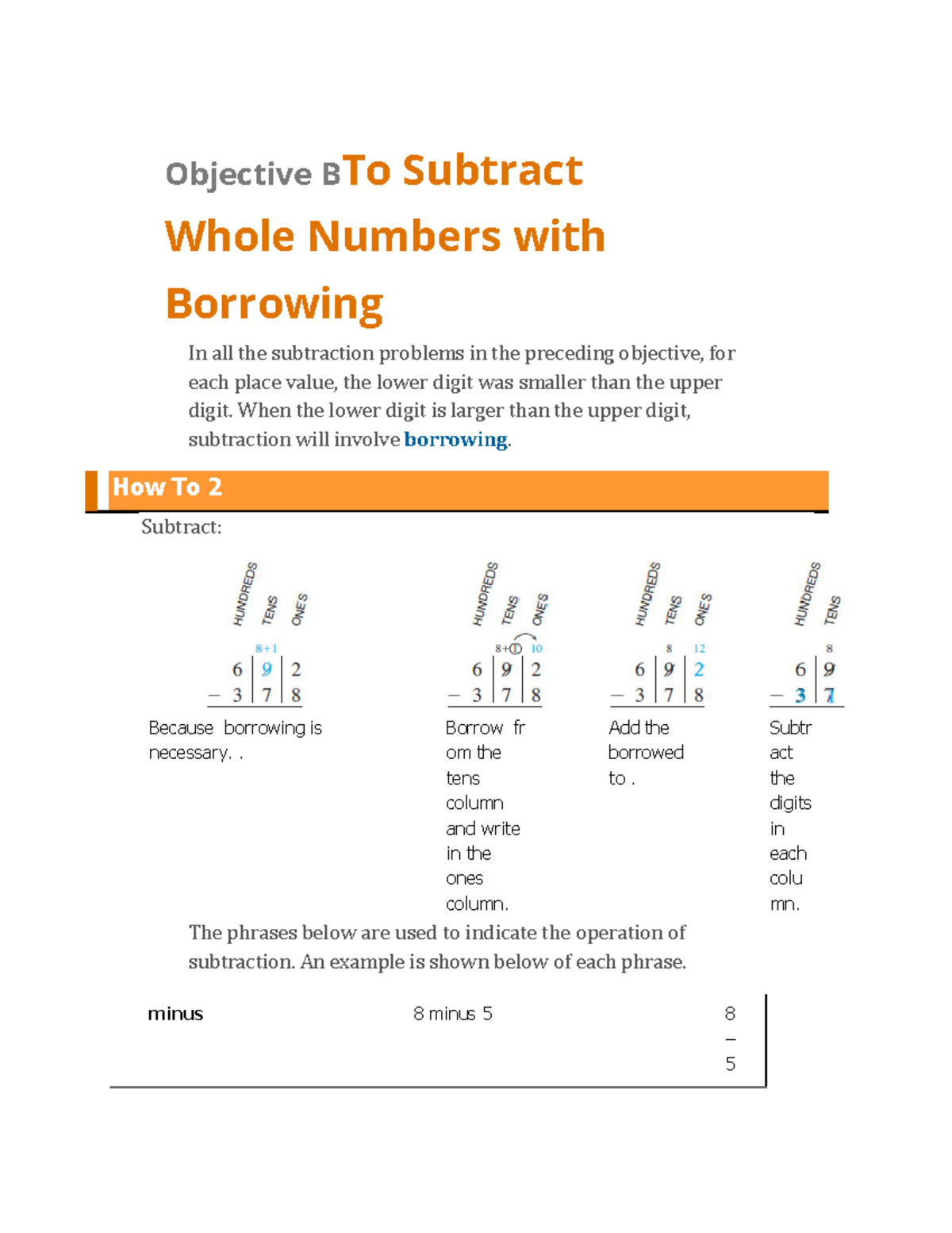 Subtracting Whole Numbers with Borrowing: Objective B Guide - Objective ...