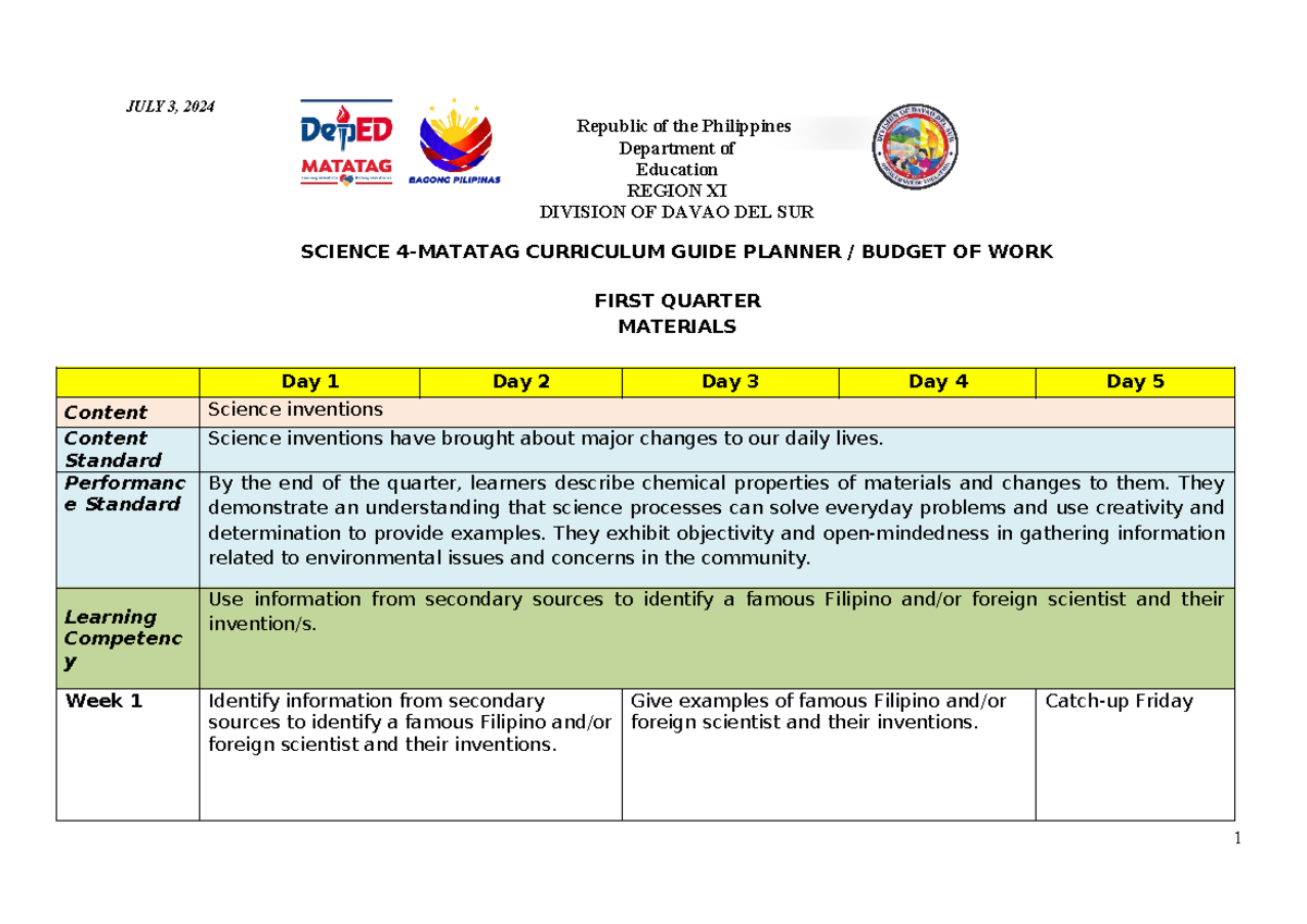 Matatag Curriculum: Science 4 First Quarter Lesson Planner - Studocu