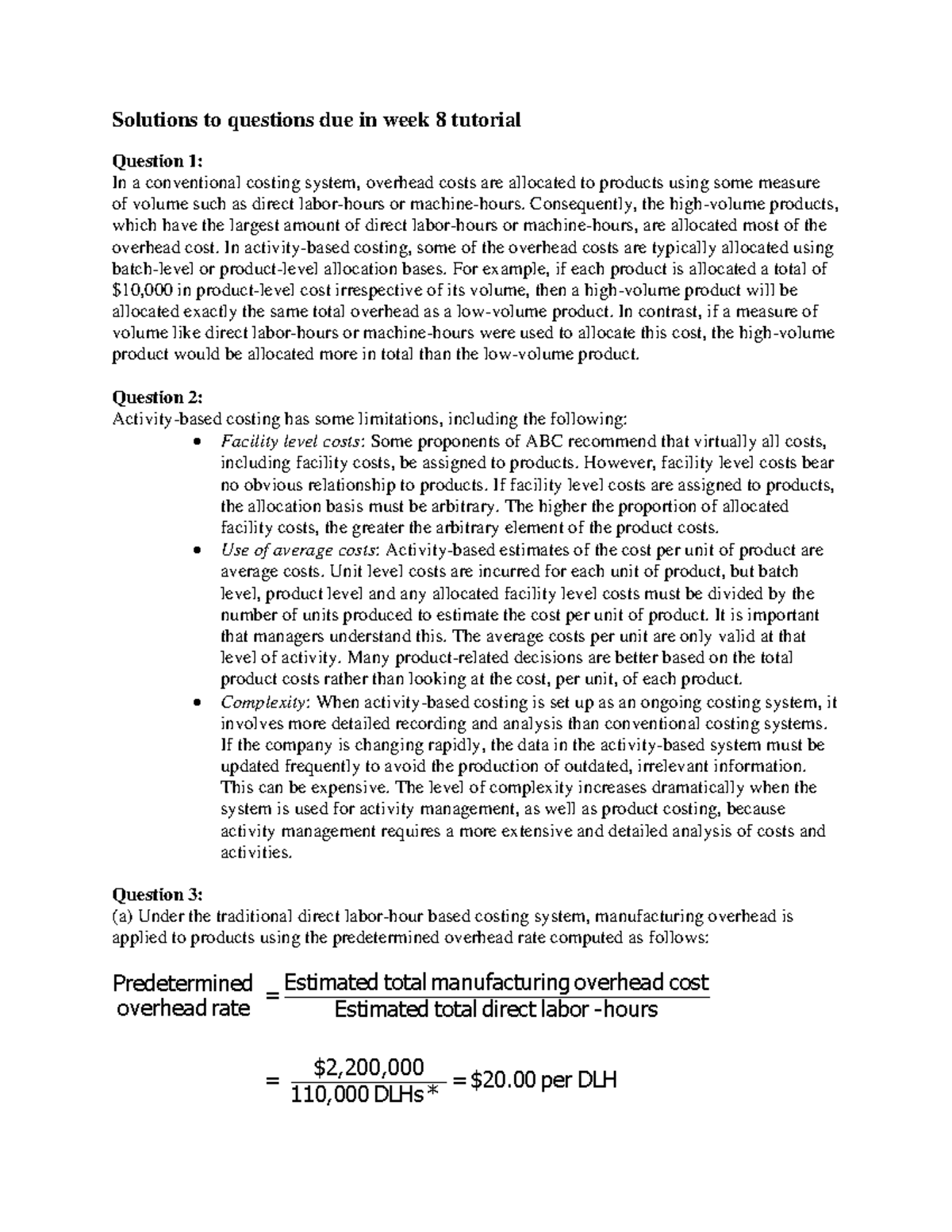 Solutions to Week 8 Tutorial Questions on Costing Systems - Studocu