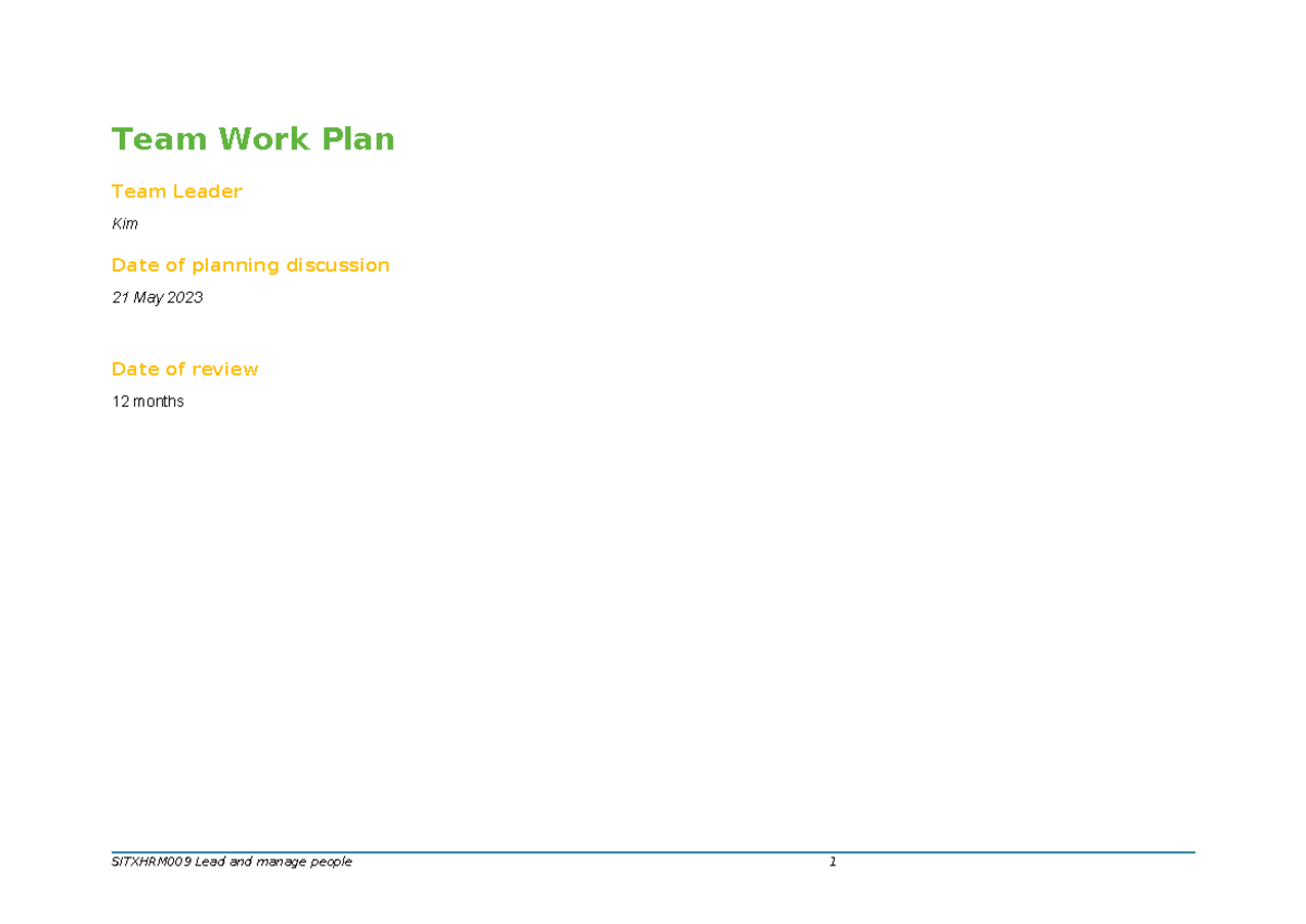 SITXHRM009 Team Work Plan Template for Lead and Manage People - Studocu