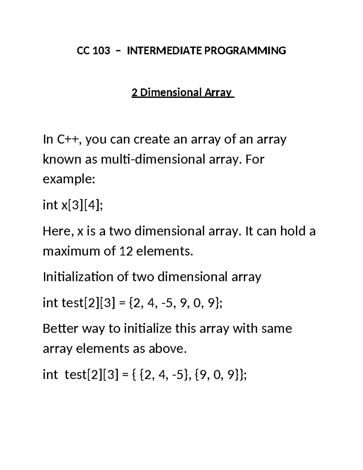 CC 103 INTERMEDIATE PROGRAMMING: Two-Dimensional Array Concepts - Studocu