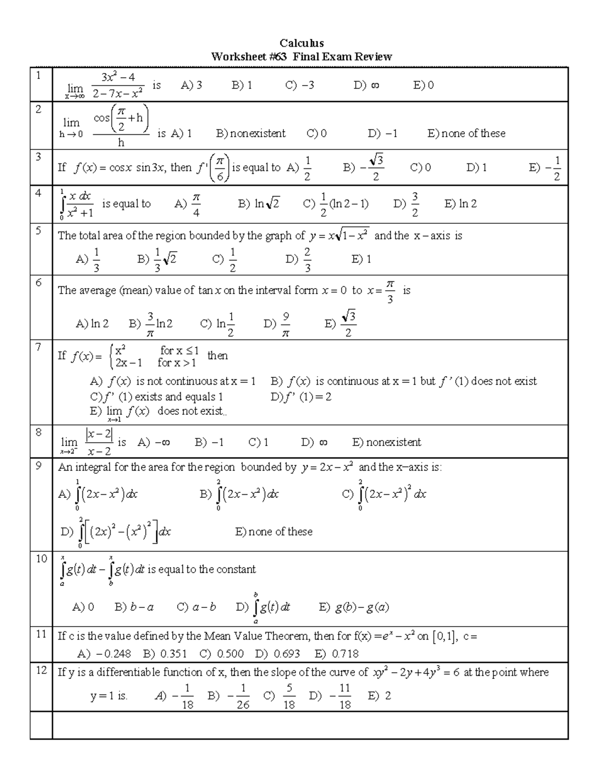 AB ws 063 Final Exam Review 2019 - Calculus - Studocu