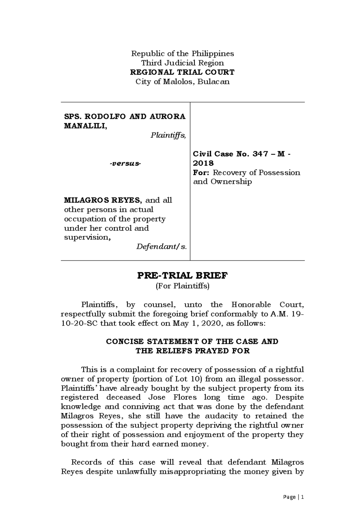 Civil Case No. 347 M 2018: Brief for Plaintiffs in Property Recovery ...