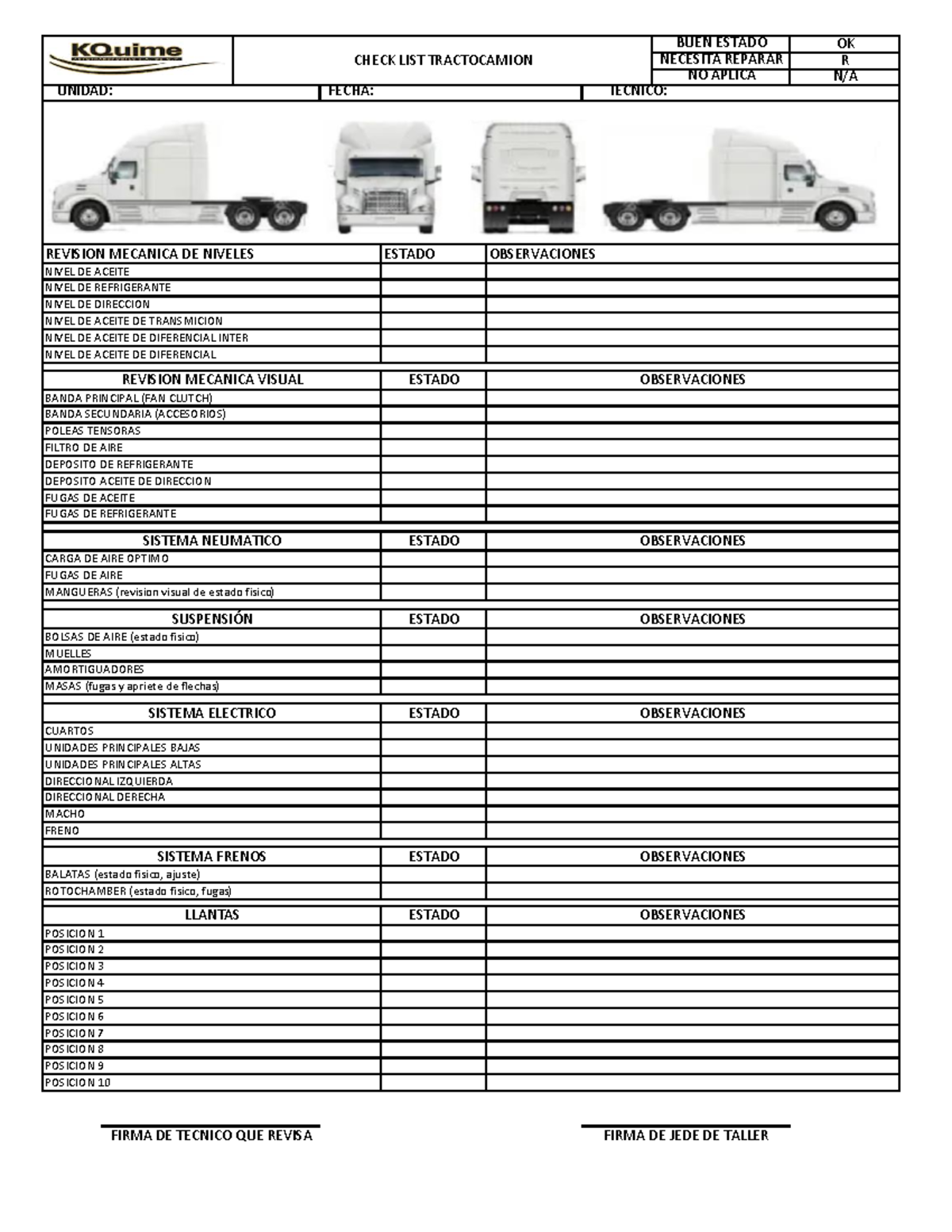 CHECK LIST MECÁNICO TRACTOCAMION - REVISION Y ESTADO - Studocu
