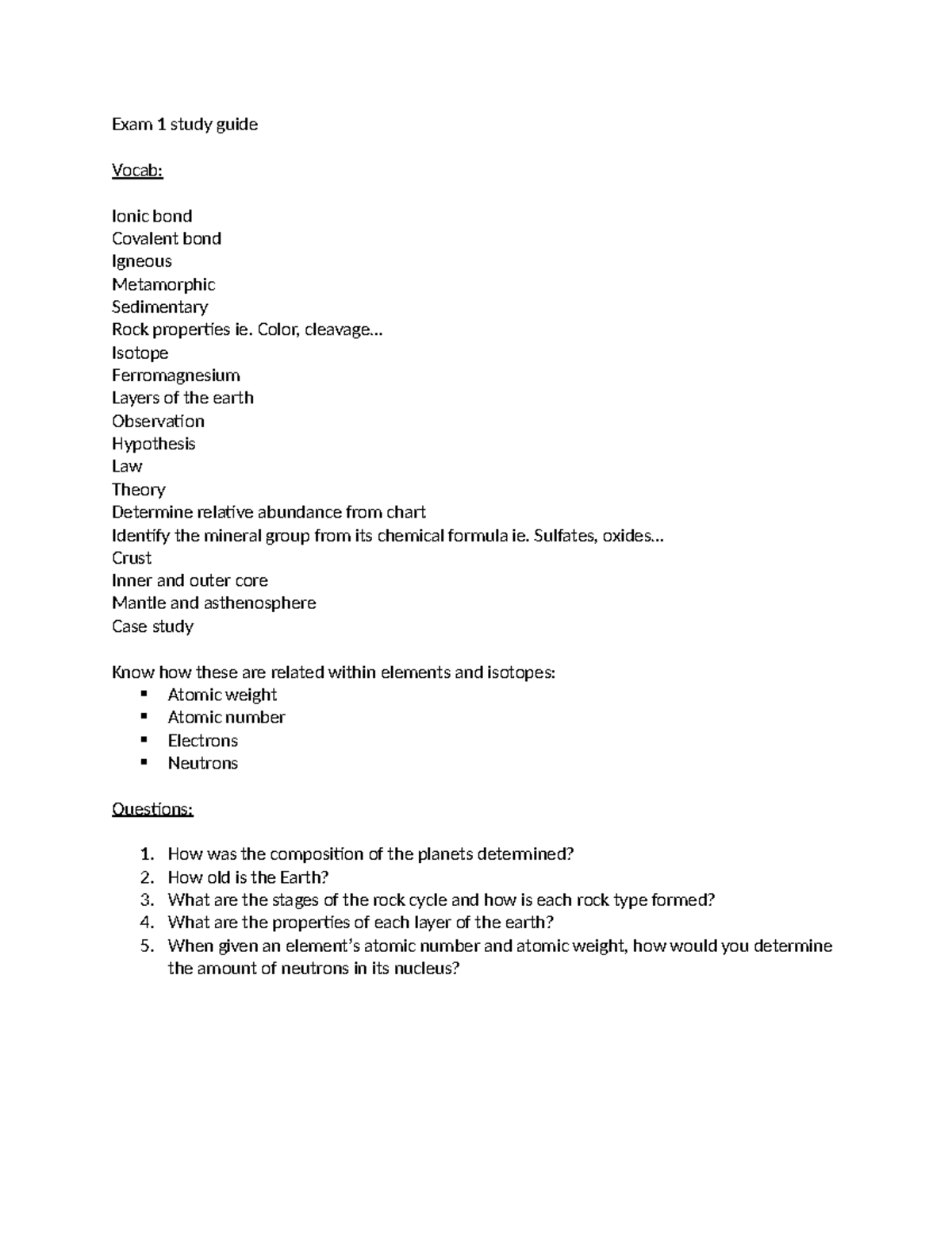 Geology 101: Exam 1 Study Guide on Rocks & Bonds - Studocu