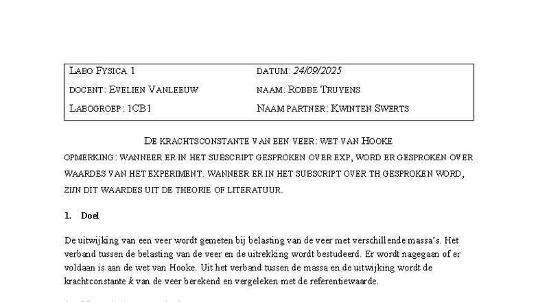 1CB1 Laboproef: De Krachtconstante van een Veer volgens de Wet van ...