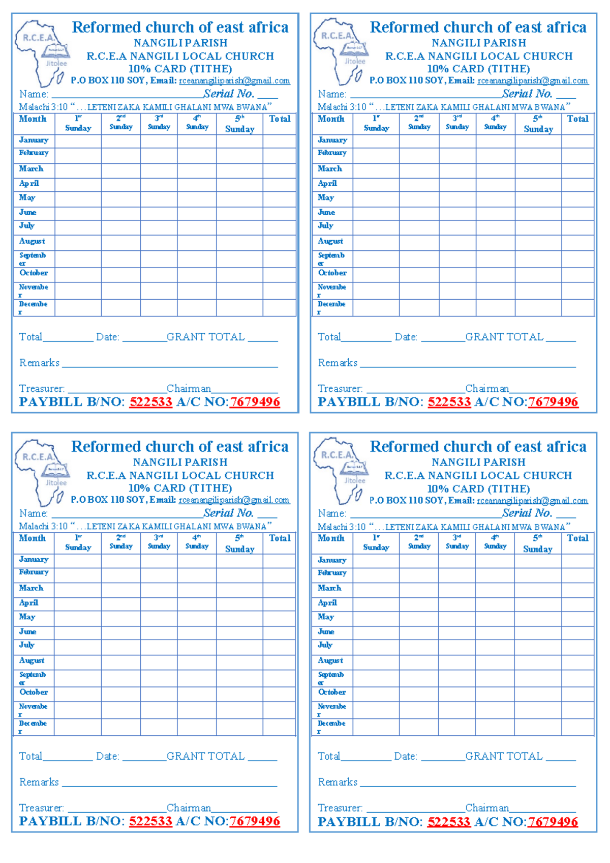 RCEA NANGILI PARISH Tithe Card Template (Fungu LA KUMI) - Studocu