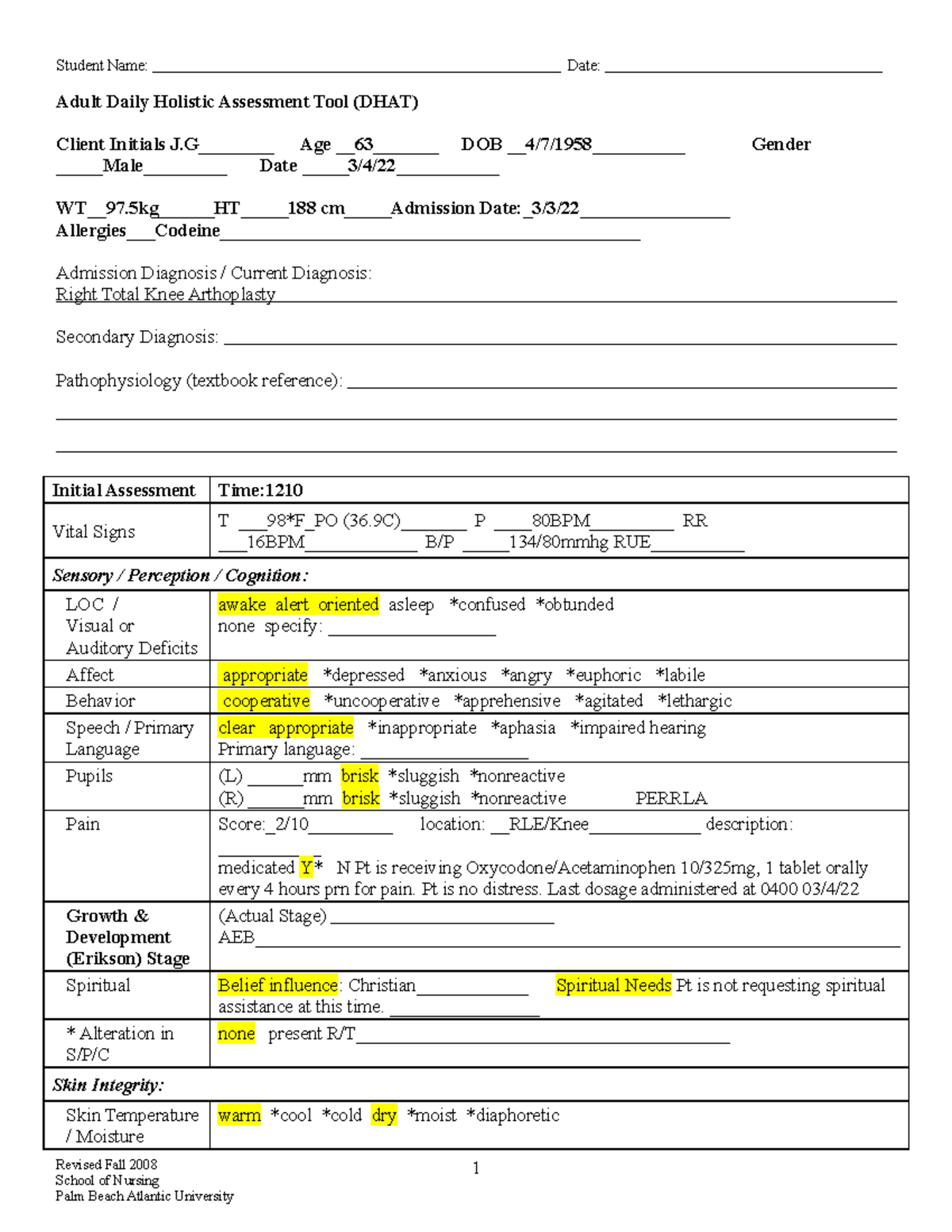 DHAT - Completed Clinical Assessment Tool for Nursing Students (3/13/22) - Studocu
