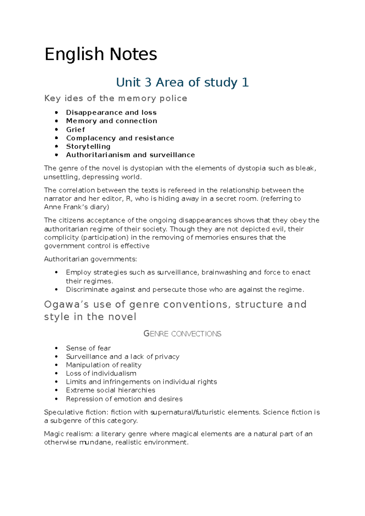 English AOS 1 Notes: Key Ideas in "The Memory Police" - Studocu