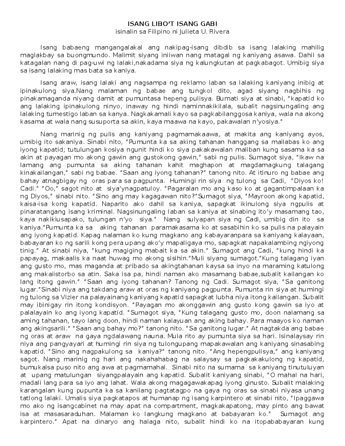 Isang LIBO't Isang Gabi - Pagsusuri at Buod ng Kwento - Studocu
